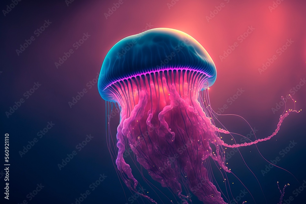 glowing jellyfish chrysaora pacifica underwater. Blue neon glow light ...