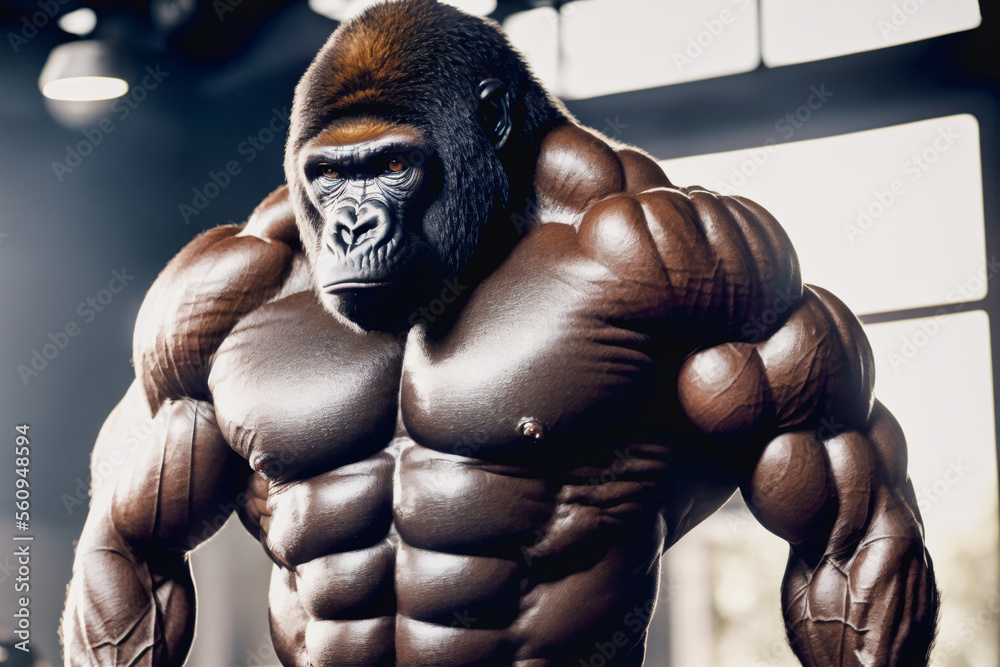 closeup muscular bodybuilding gorilla is posing for a picture in a gym ...