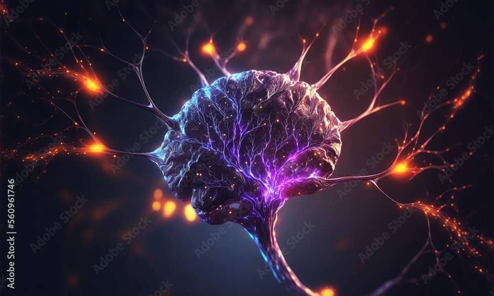 Glowing brain background with neural links network. Illustration representing artificial ...