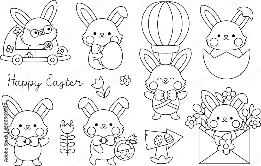 Vector black and white Easter bunny set for kids. Cute kawaii line ...