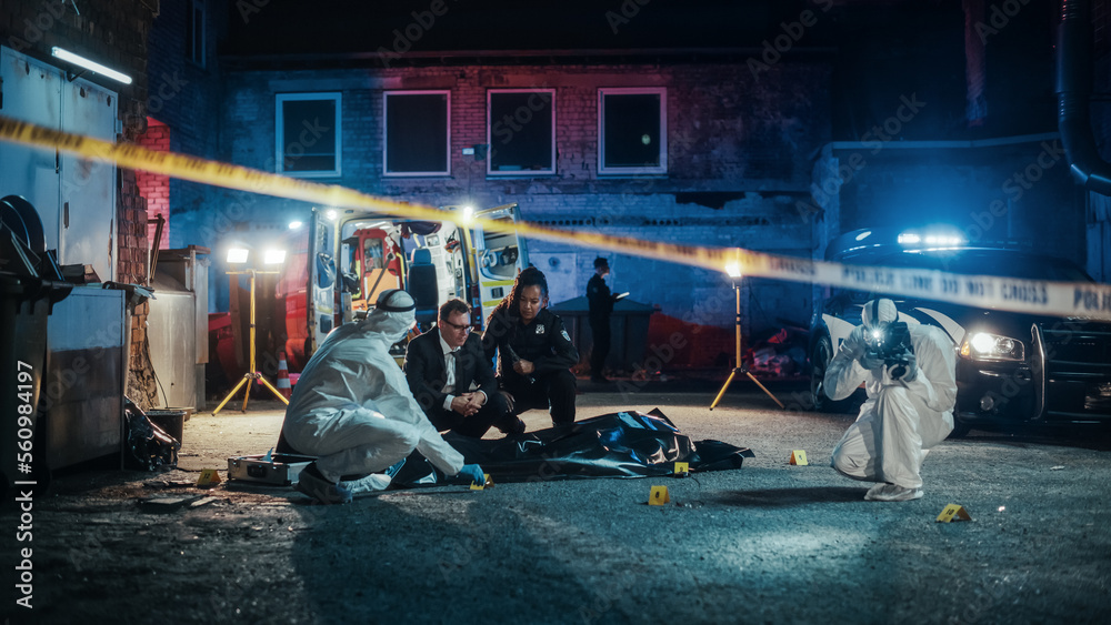 Team of First Responders Arriving at a Murder Scene in a Back Alley ...