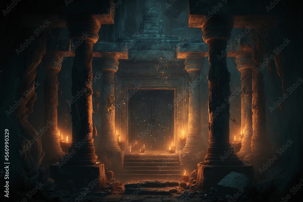 Ilustración de Stock A fantasy scene of temple is dark and musty, with ancient stone walls and ...