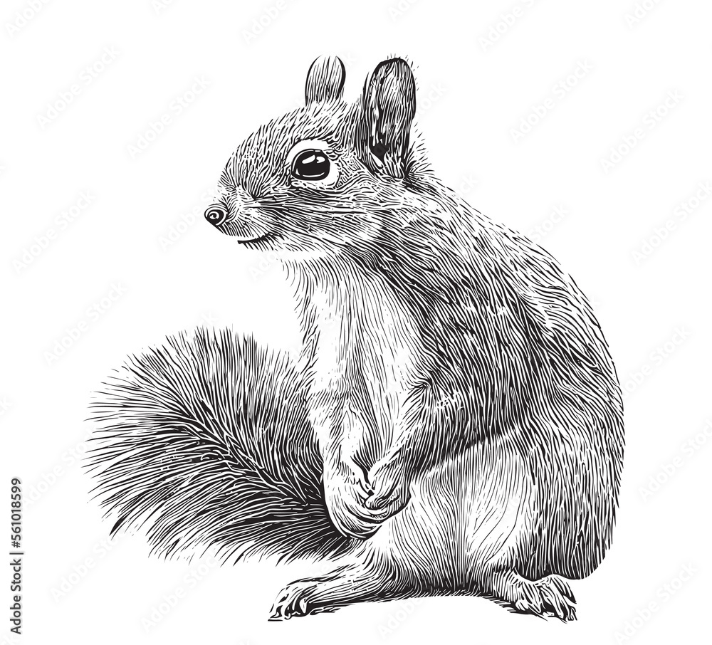 Cute squirrel sitting hand drawn sketch Wild animals Vector ...