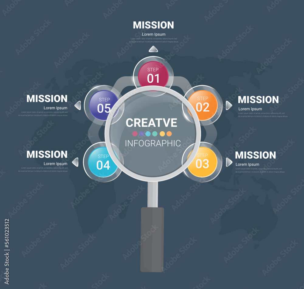 infographic Template with magnifier, education infographic 5 steps ...