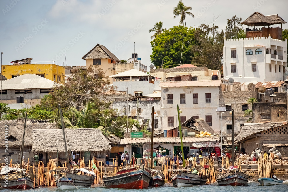Shore view of Shela town in Lamu island, old white houses in Lamu ...