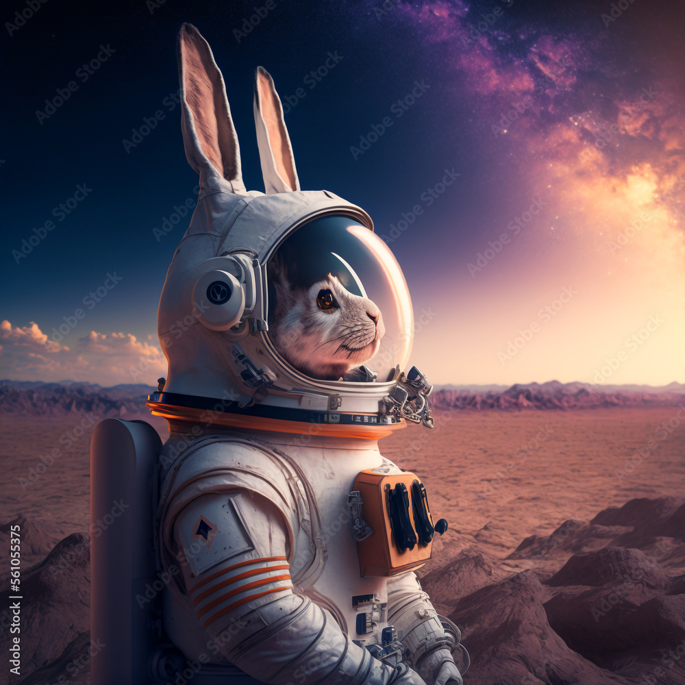Generative Ai Rabbit Astronaut In Cosmonaut Suit Exploring Outer Space Universe Stock
