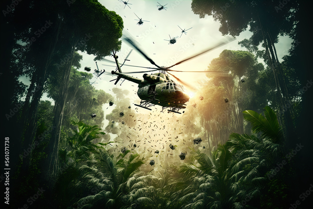 Helicopter gunship rains down missile and machine gun fire. Action ...