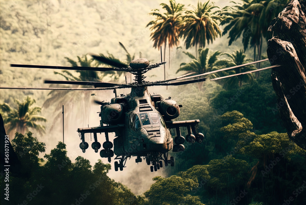 Helicopter gunship rains down missile and machine gun fire. Action ...