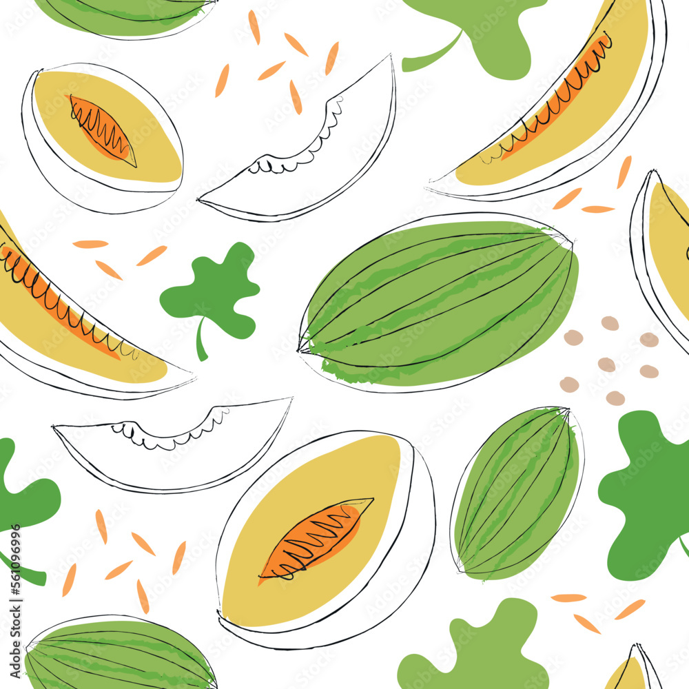 Seamless pattern on handmade abstract fruit drawings. Contemporary artistic design of melons ...