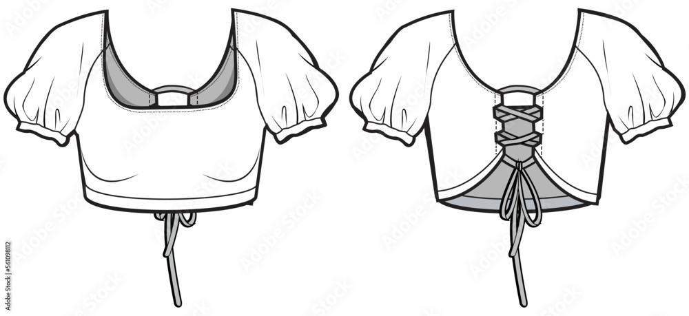 Puffed Short Sleeve Crop Top with Back Criss Cross Front and Back View ...