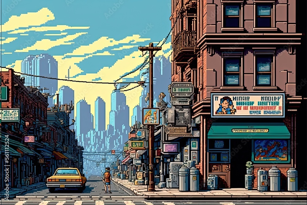 Pixel art city landscape with with buildings, houses, streets, trees ...