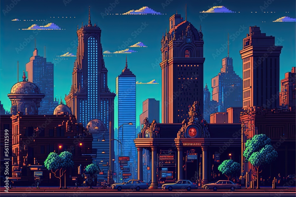 Ilustración de Stock Pixel art city landscape with with buildings ...