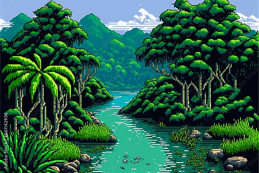Rainforest landscape with river, 16 bit pixel art style. AI digital ...