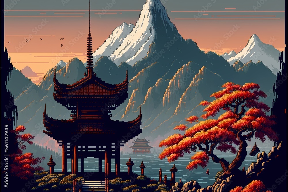 Chinese temple landscape with mountains in the background, 16 bit pixel ...
