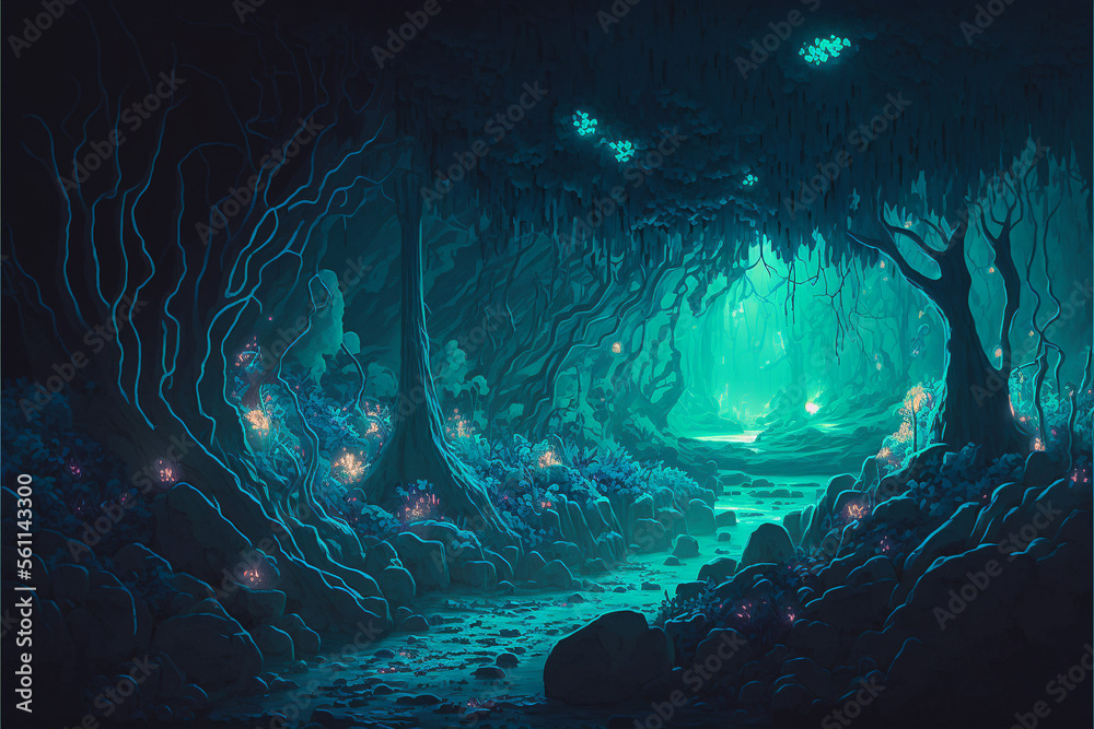 A mysterious cave system filled with glowing crystals. Superb anime ...