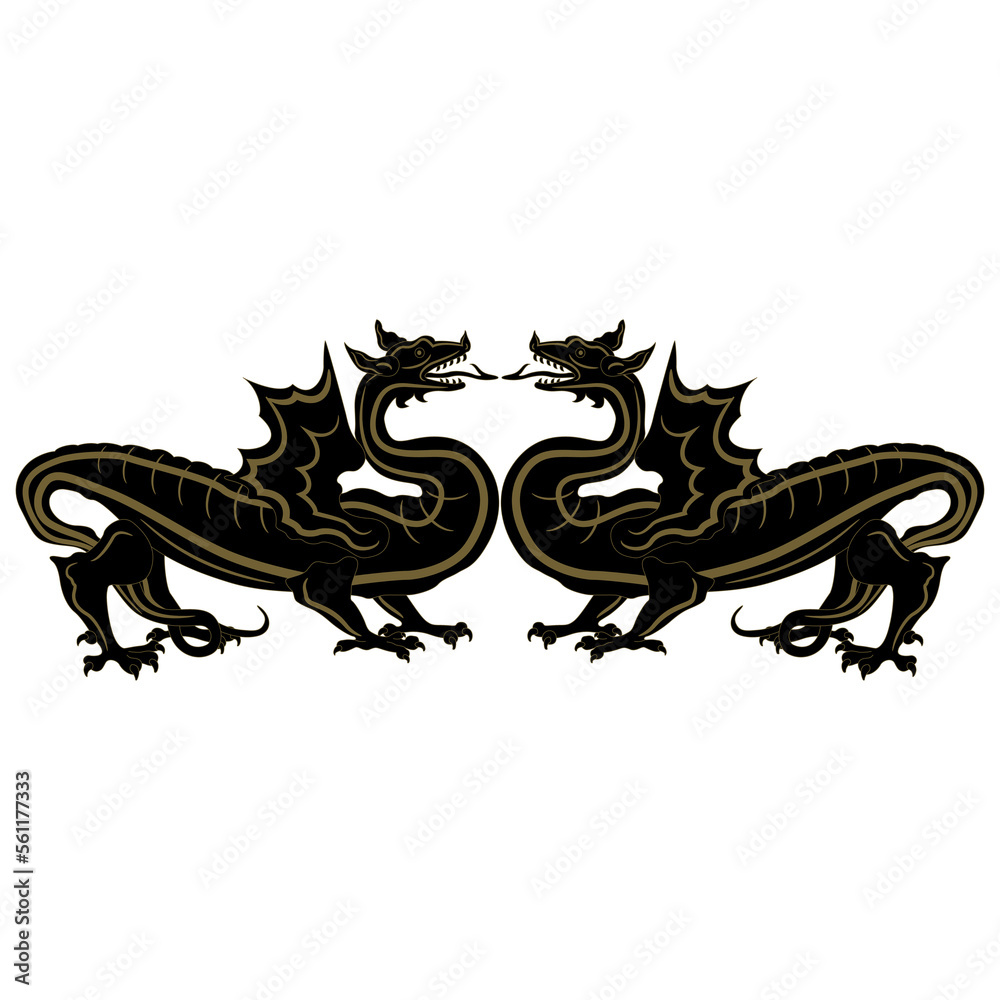 Symmetrical design with two fantastic winged dragons. Monochrome black ...