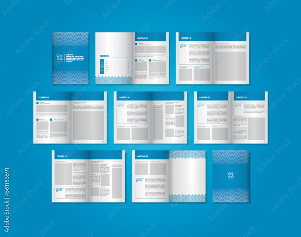 Multi-page design template layout with blue theme color and has 14 ...