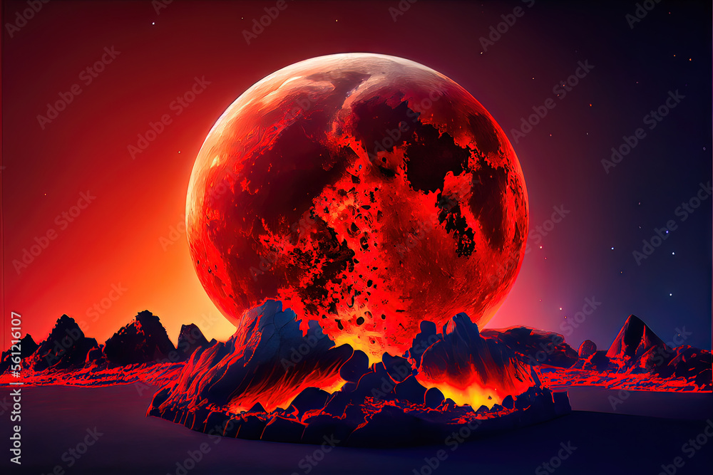 Blood Moon - Crimson red moon in a bright red landscape Desolate ...