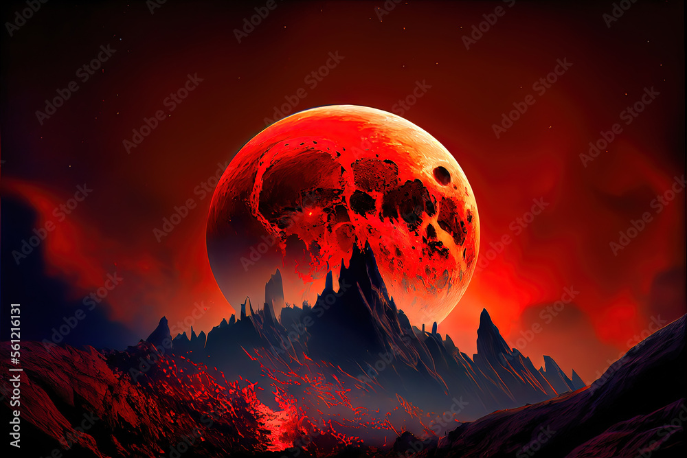 Blood Moon - Crimson red moon in a bright red landscape Desolate ...