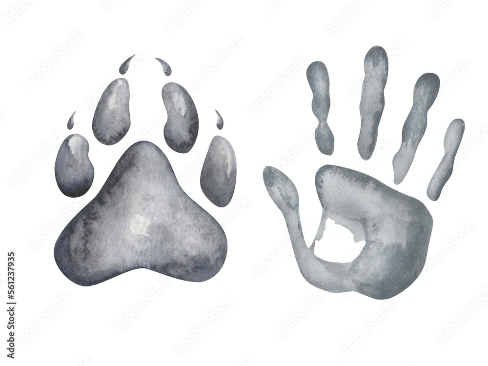 Watercolor illustration of hand painted grey hand print of man, woman ...