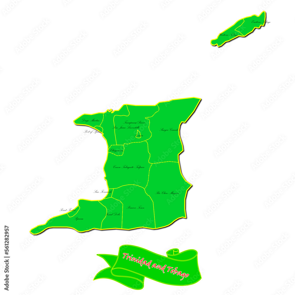 Vector map of Trinidad and Tobago with subregions in green country name ...