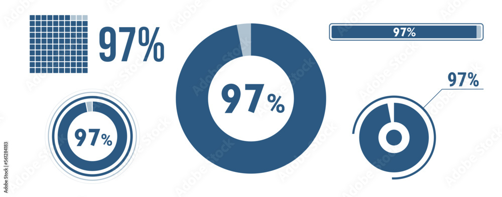 97% percentage infographic set. Ninety-seven circle diagram, pie donut ...