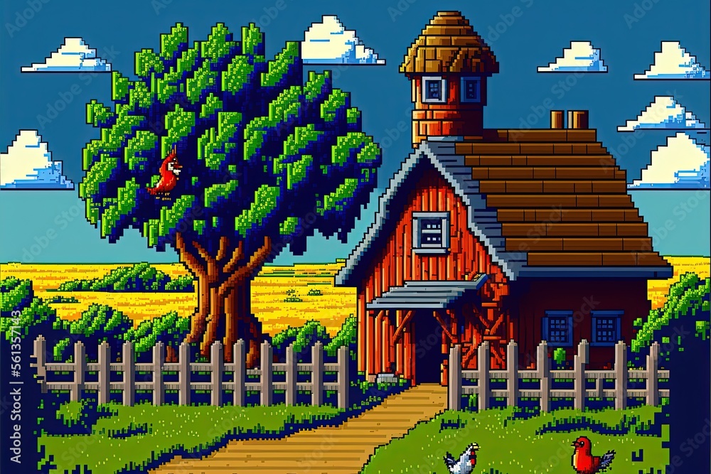 Pixel art of farm with barn, silo, fence and trees, background in retro ...