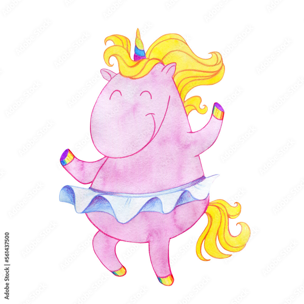 Cartoon pink rainbow dancing unicorn ballerina. Magical fairy tale ...
