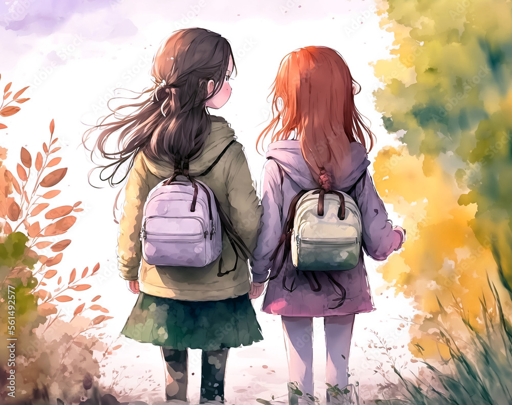Anime school girls, back view, going on a autumn walkway, digital ...