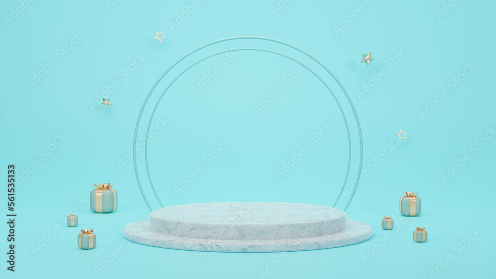 White marble podium and gift boxes on pastel blue color background ...