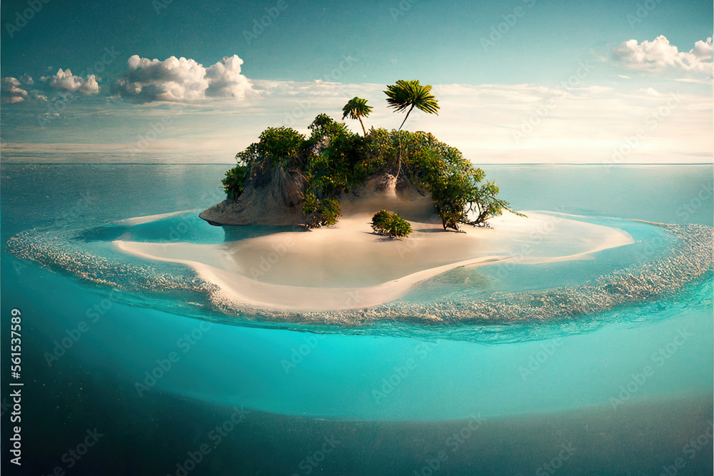 An isolated desert island sits amidst the vast expanse of the ocean, a ...