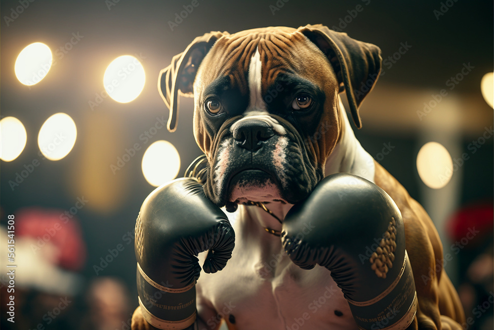 Boxer dog in boxing gloves in the ring, a realistic illustration of a sportsman dog, boxing ...