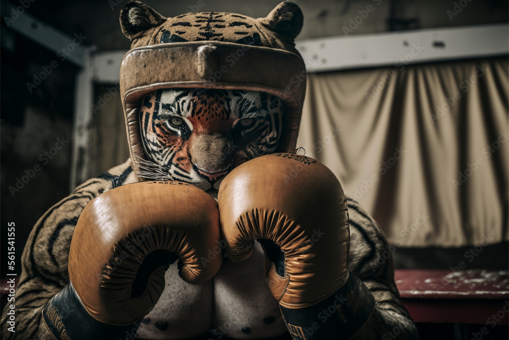 tiger boxer in boxing gloves and helmet, realistic illustration of a ...