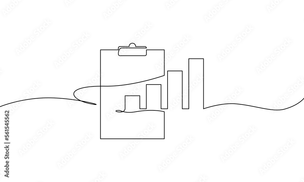 Continuous line drawing of clipboard. Growth graph icon business, bar ...