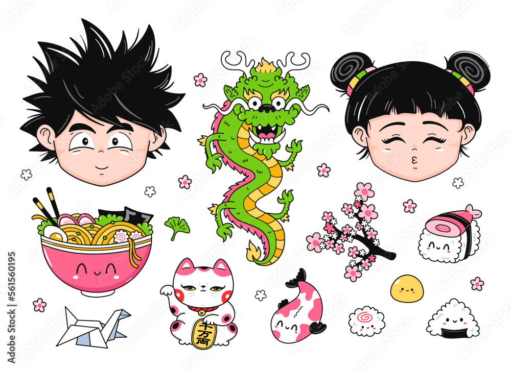 Cute funny Anime Japan style set. Vector hand drawn cartoon kawaii ...