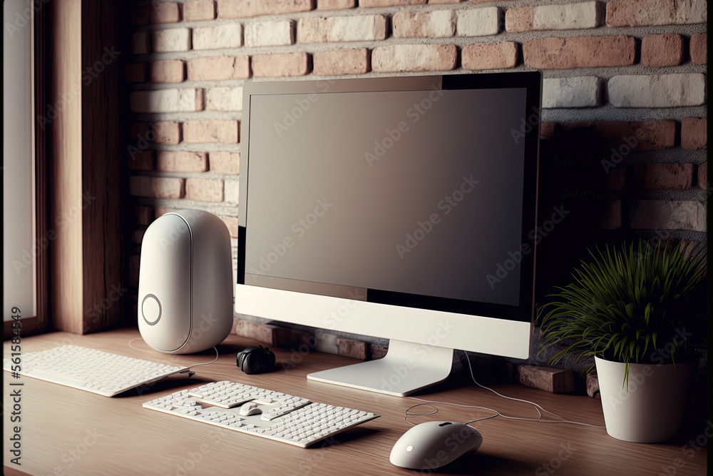 A creative designer's workspace includes a computer with a blank screen ...