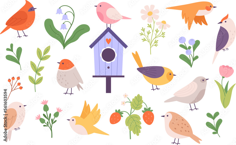 Cute cartoon flat birds clipart. Bird and birdhouse, leaves, flowers ...
