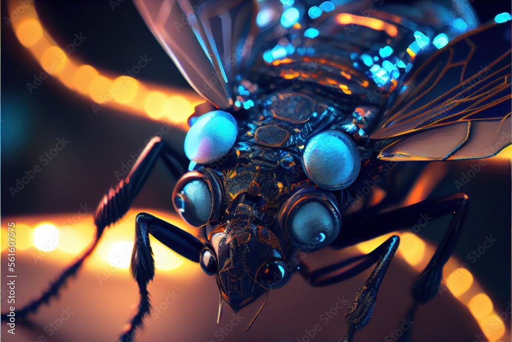 Glowing AI cyborg fly mosquito, menacing glowing, horror, digital ...