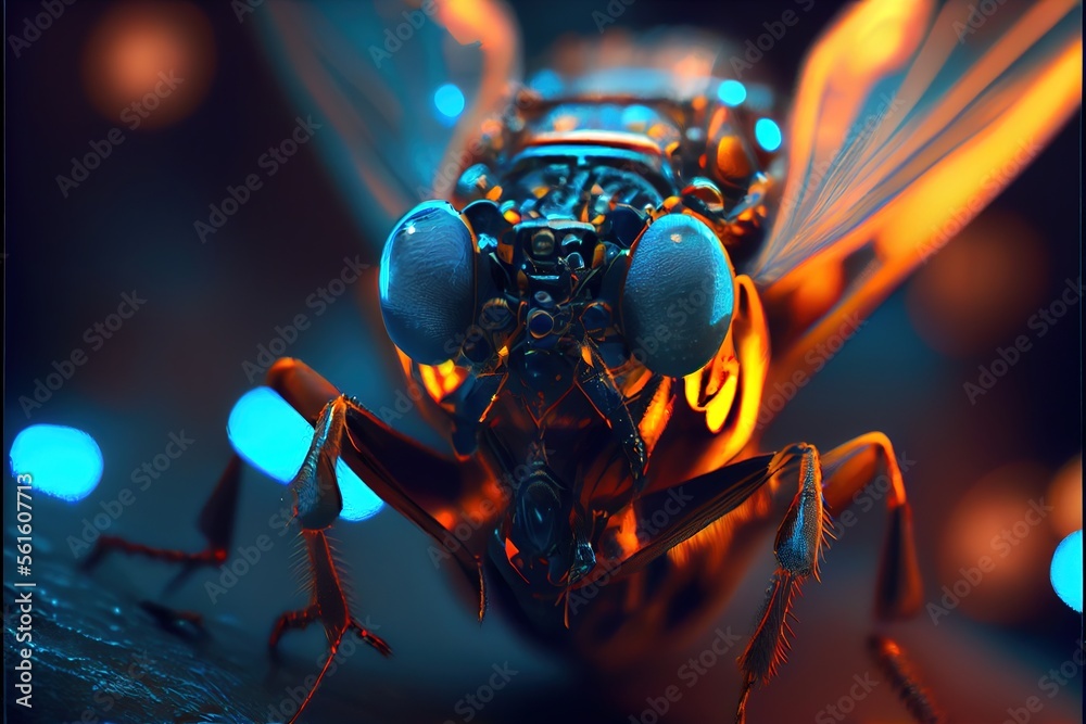Glowing AI cyborg fly mosquito, menacing glowing, horror, digital ...
