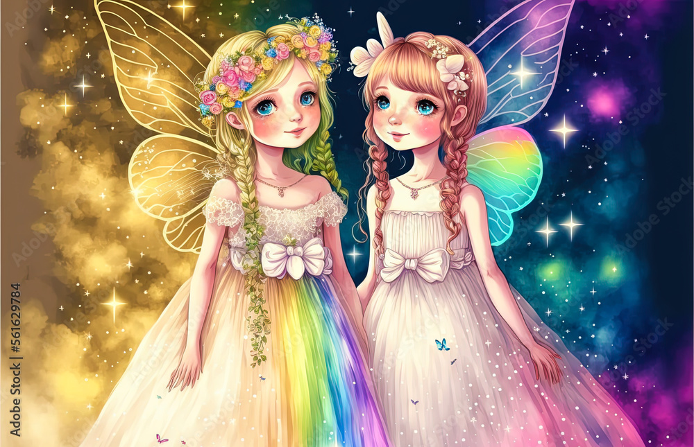 Two pretty, cute and charming child fairies holding hands. Ideal to ...