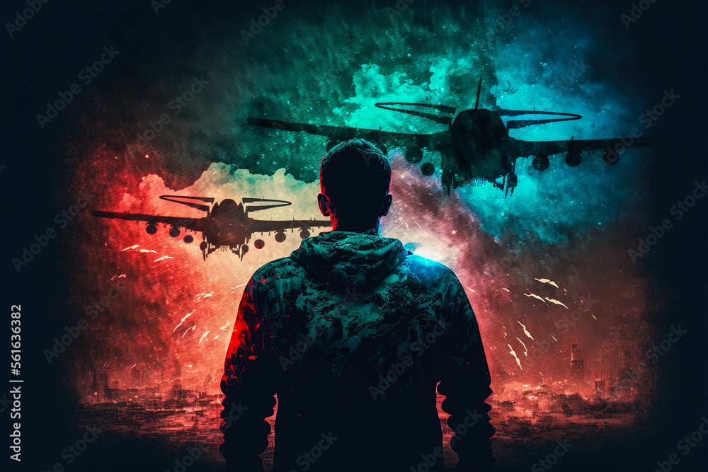 Military in silhouette remote control of military drones for targeted ...