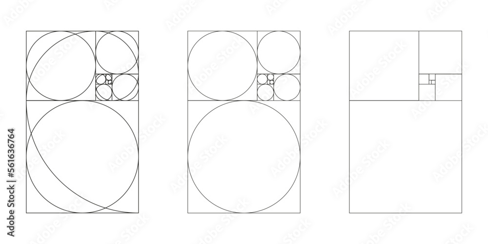 Golden ratio template set. Method golden section. Fibonacci array, numbers. Harmony proportions ...