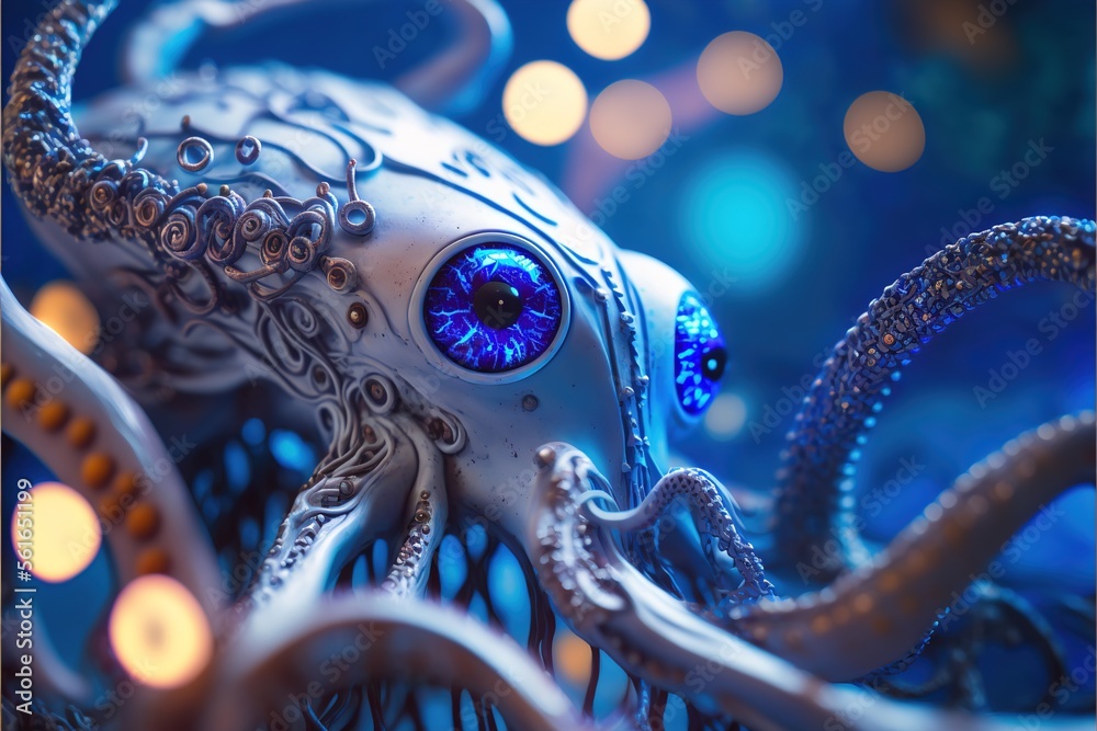 Menacing futuristic AI Kraken Animal Robot, glowing elements, scary ...