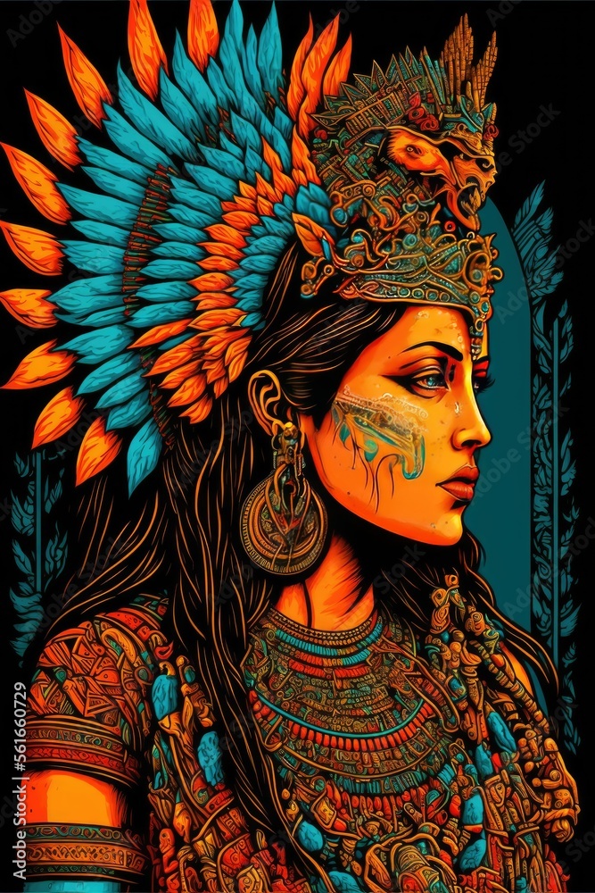 Graphic Mayan Aztec Warrior Woman Illustration, AI Generated Image of a ...