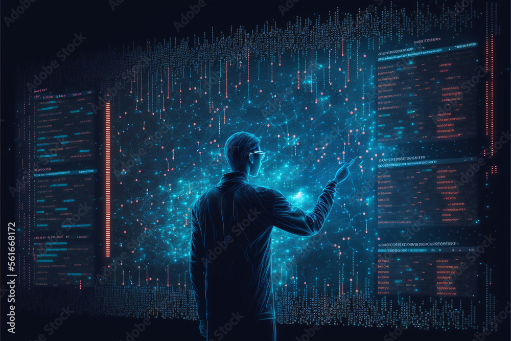 Data science. Data scientist querying, analysing and visualizing complex data set on virtual ...