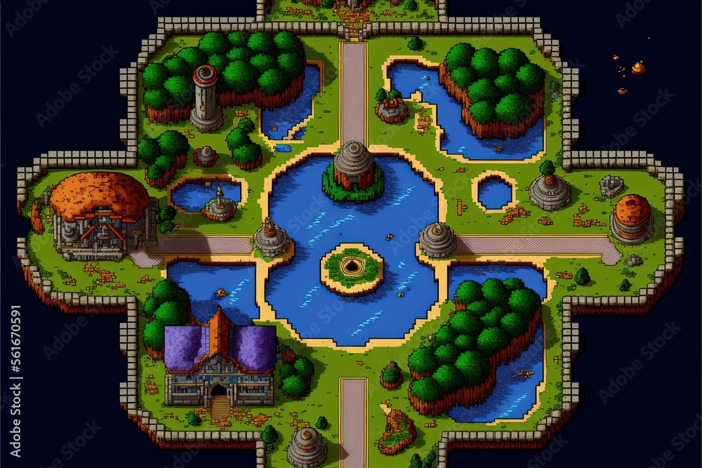 Стоковая иллюстрация «Pixel art fantasy RPG game map, top view ...