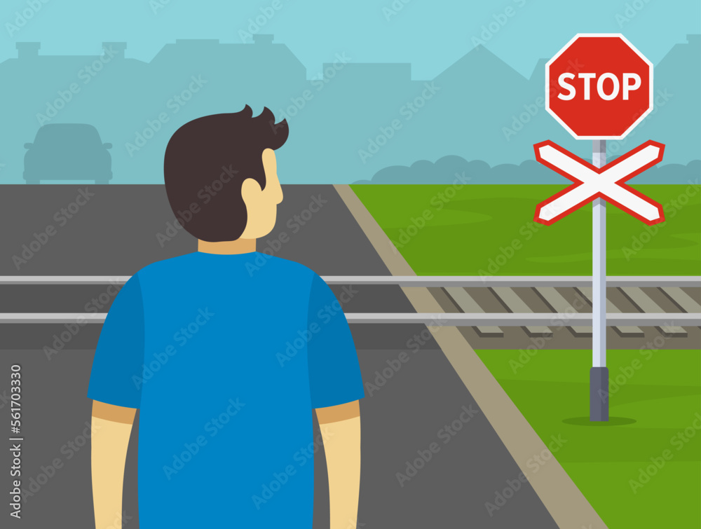 Railroad safety tips and rules. Close-up of male character looking both ...