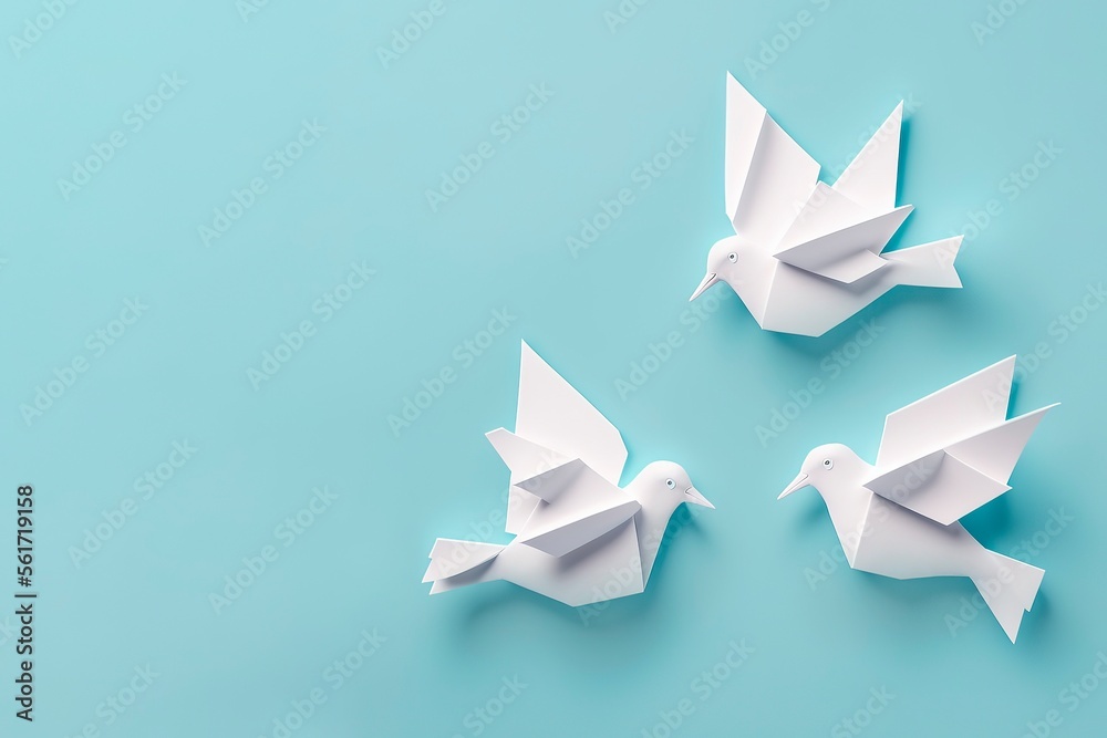 Origami birds are flying, overhead top view. White origami birds ...
