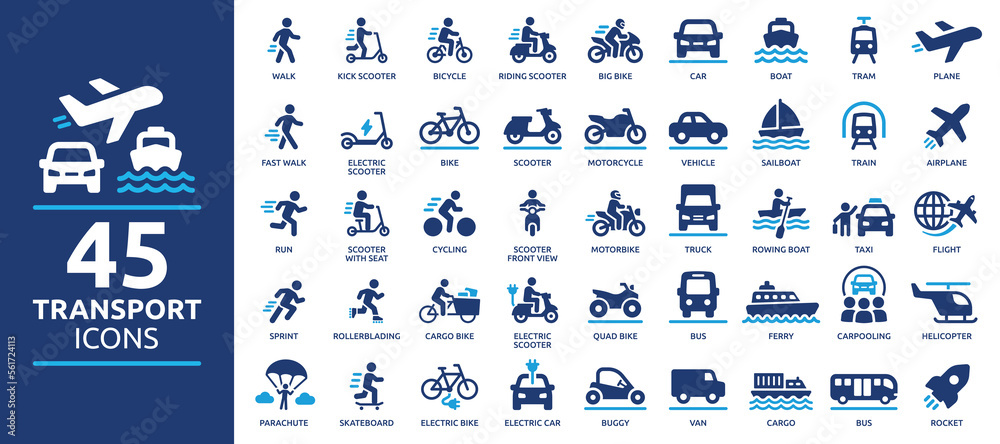 Transport icon set. Containing car, bike, plane, train, bicycle ...