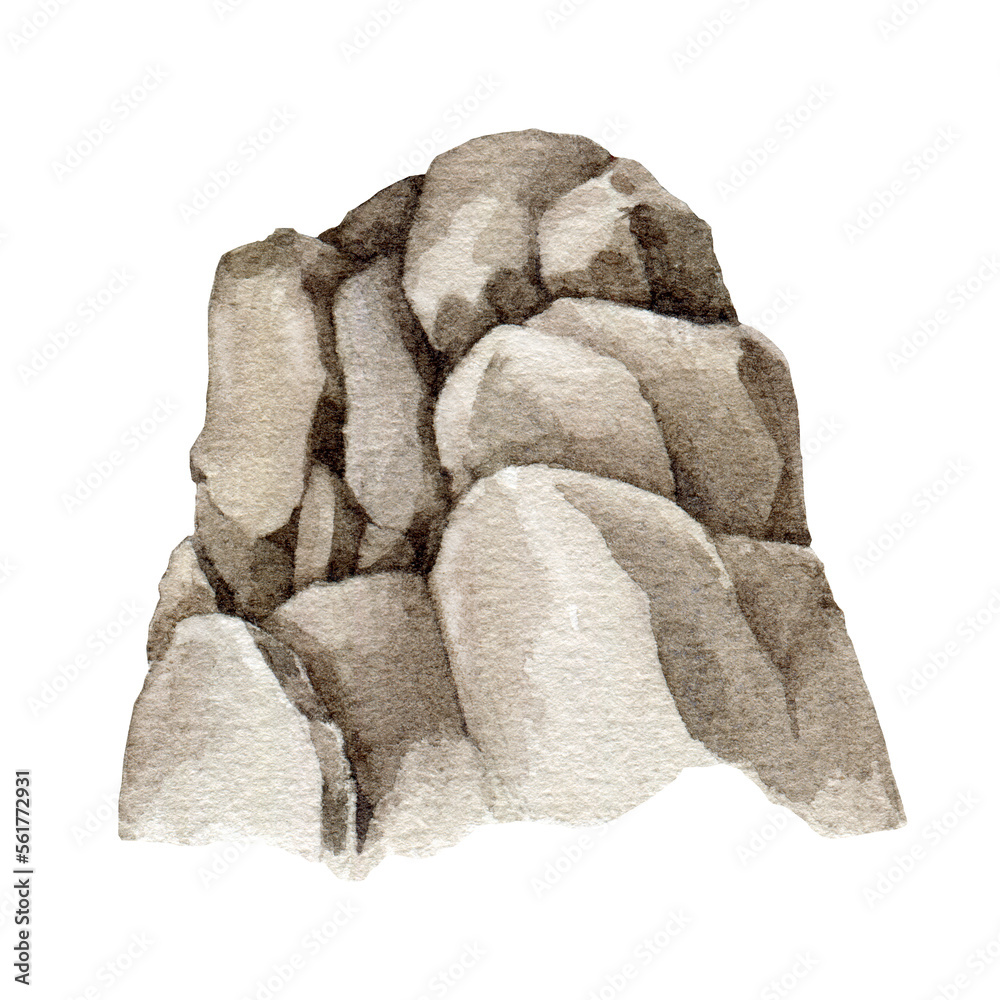Stones big pile. Watercolor illustration. Hand drawn rocks natural ...